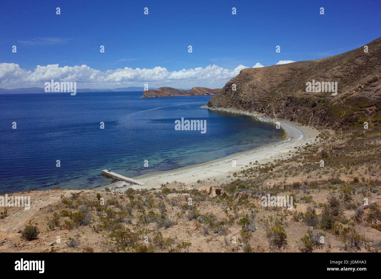 Breath taking view of a beach on the Isla Del Sol on Lake Titicaca ...