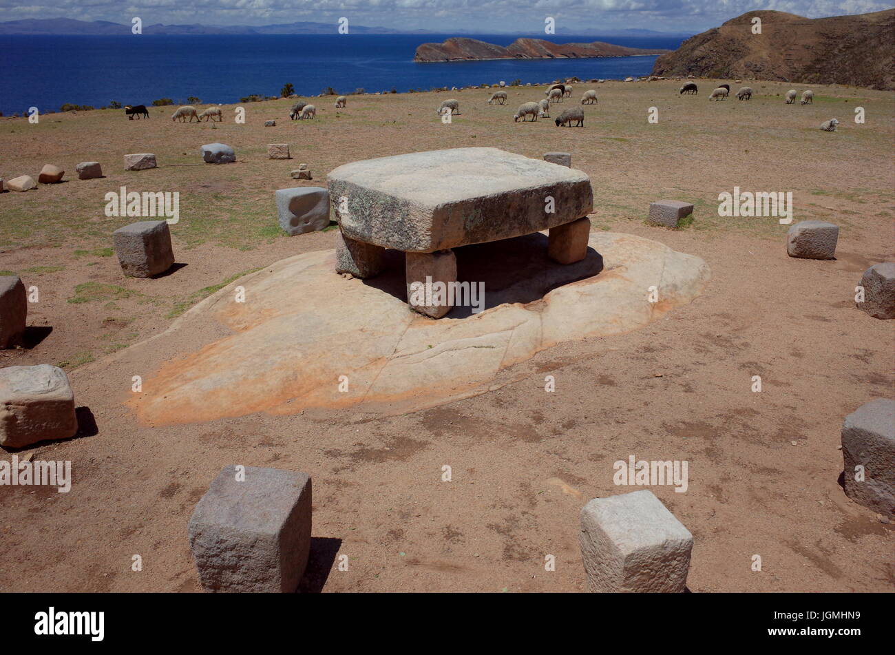 The sacrificial altar at the Chincana Ruins on the Isla del Sol on Lake ...