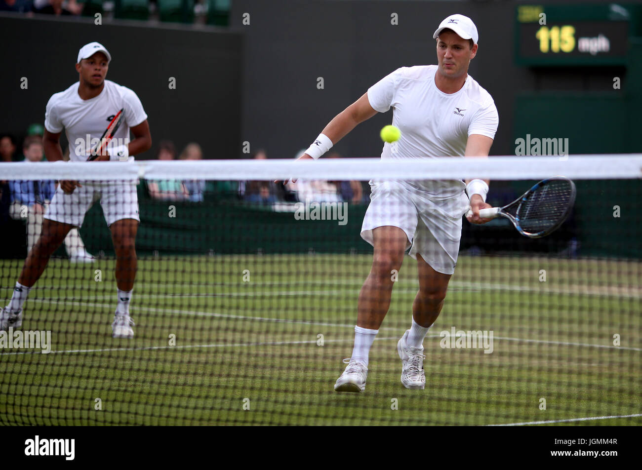 Marcus Willis (right) and Jay Clarke during their doubles match on day ...