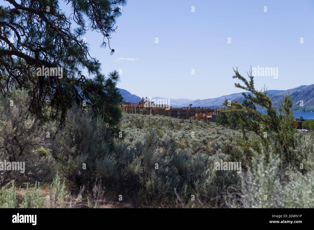 Desert landscape with Spirit Ridge resort buildings and Lake Osoyoos in ...