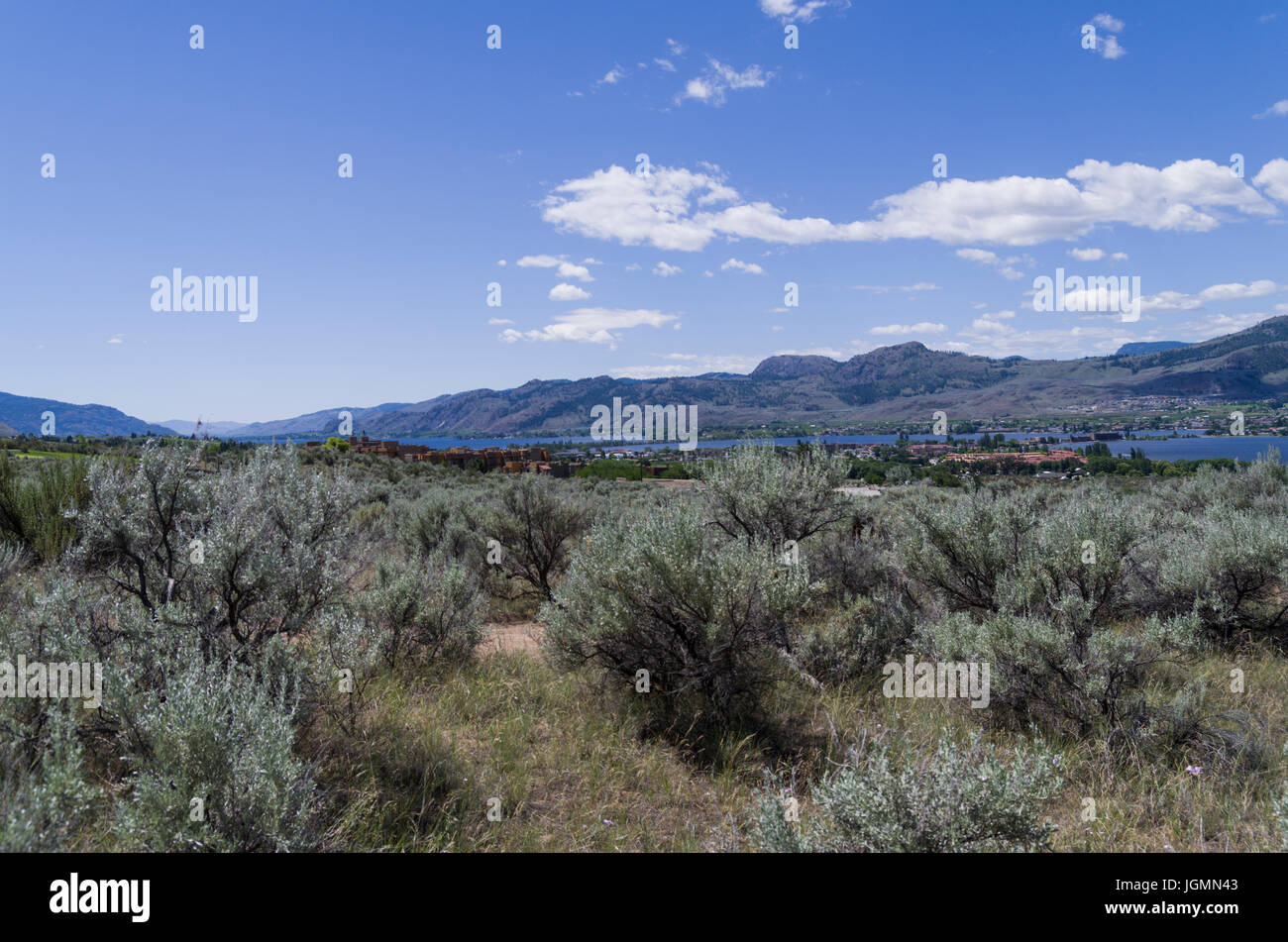Desert landscape with Spirit Ridge resort buildings and Lake Osoyoos in ...