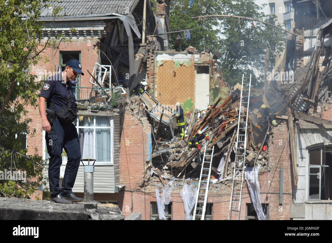 Kiev, Ukraine. 08th July, 2017. Consequences of gas explosion in an ...