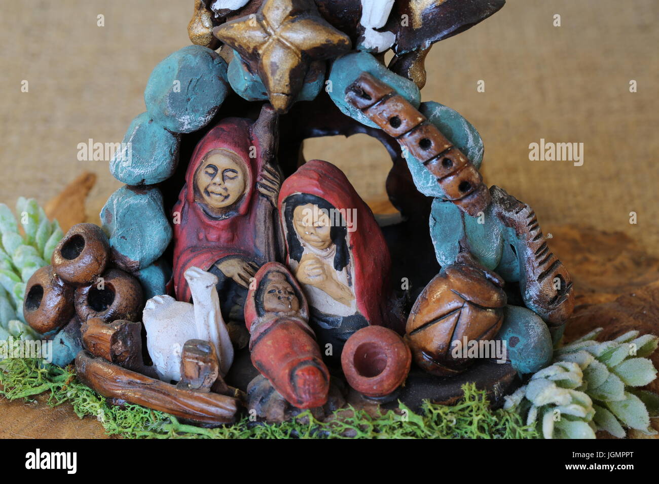 strange nativity scene with Holy family with their faces a style ...