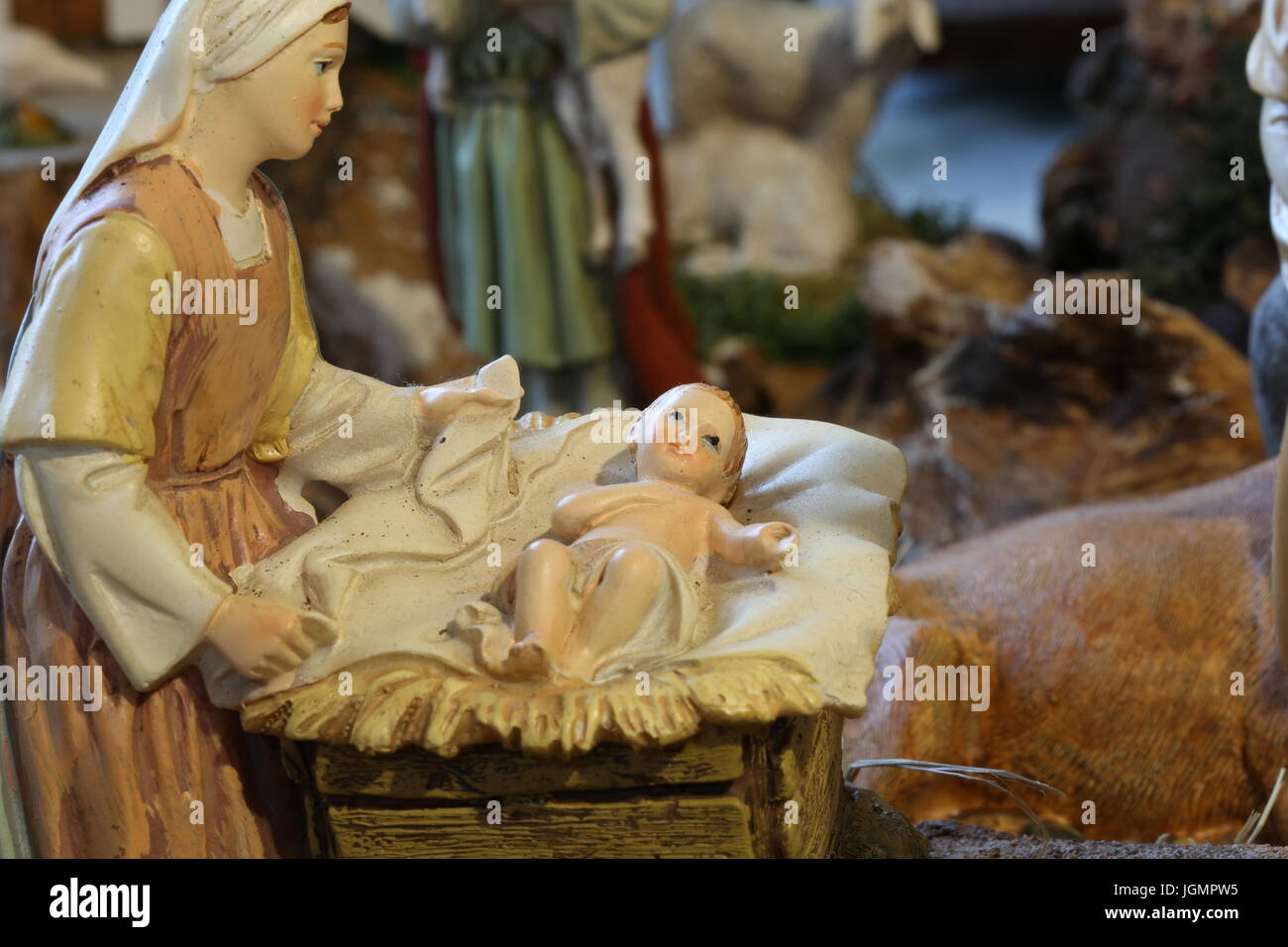 Traditional nativity scene with the Holy Family and the little baby ...
