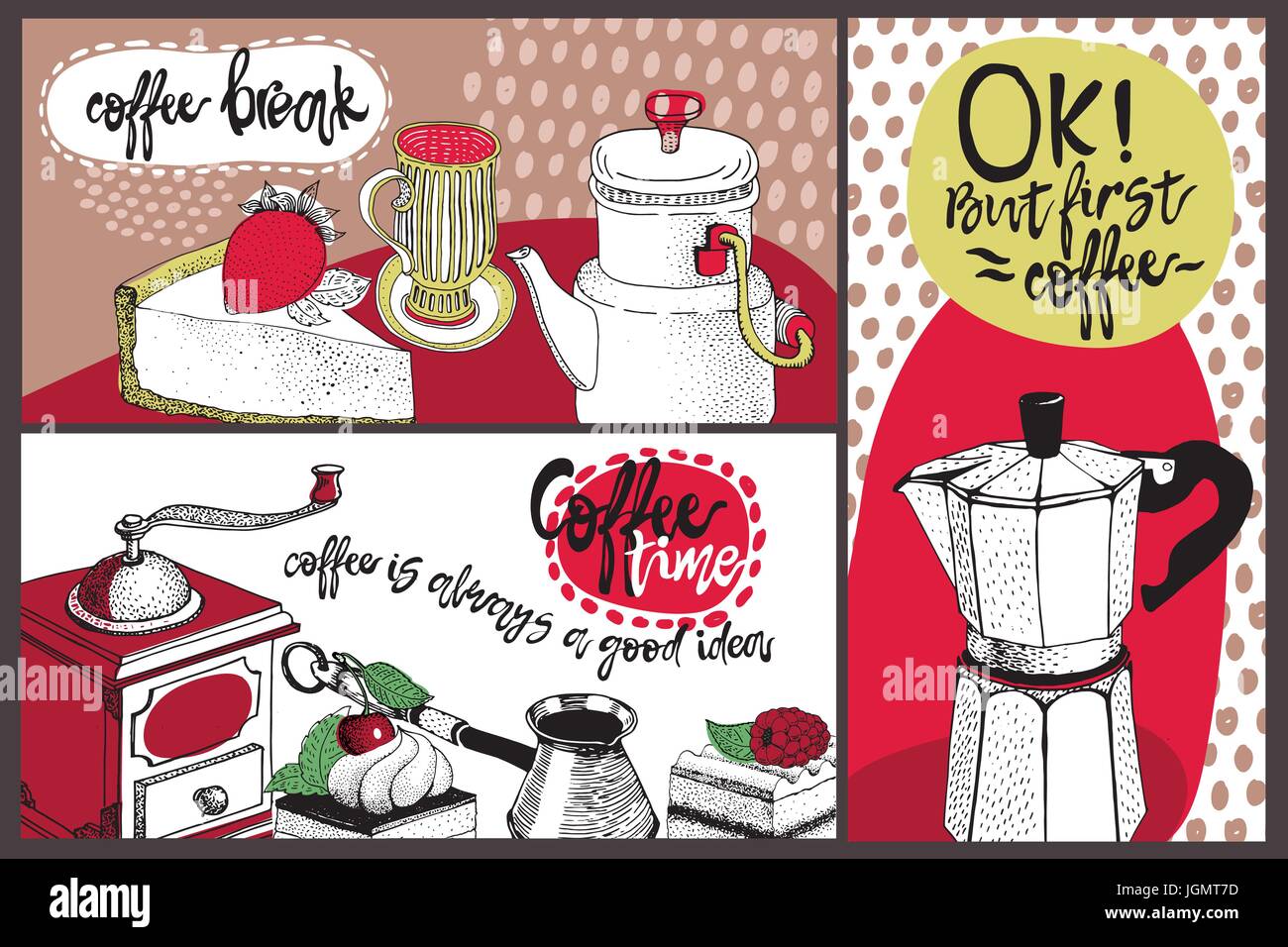 Vector card design with hand drawn coffee and dessert illustration ...