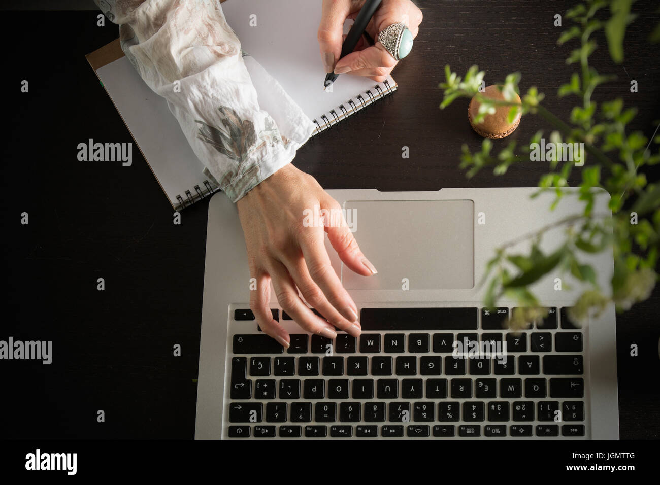 Woman hands write on the computer, view from above. Work space Stock ...