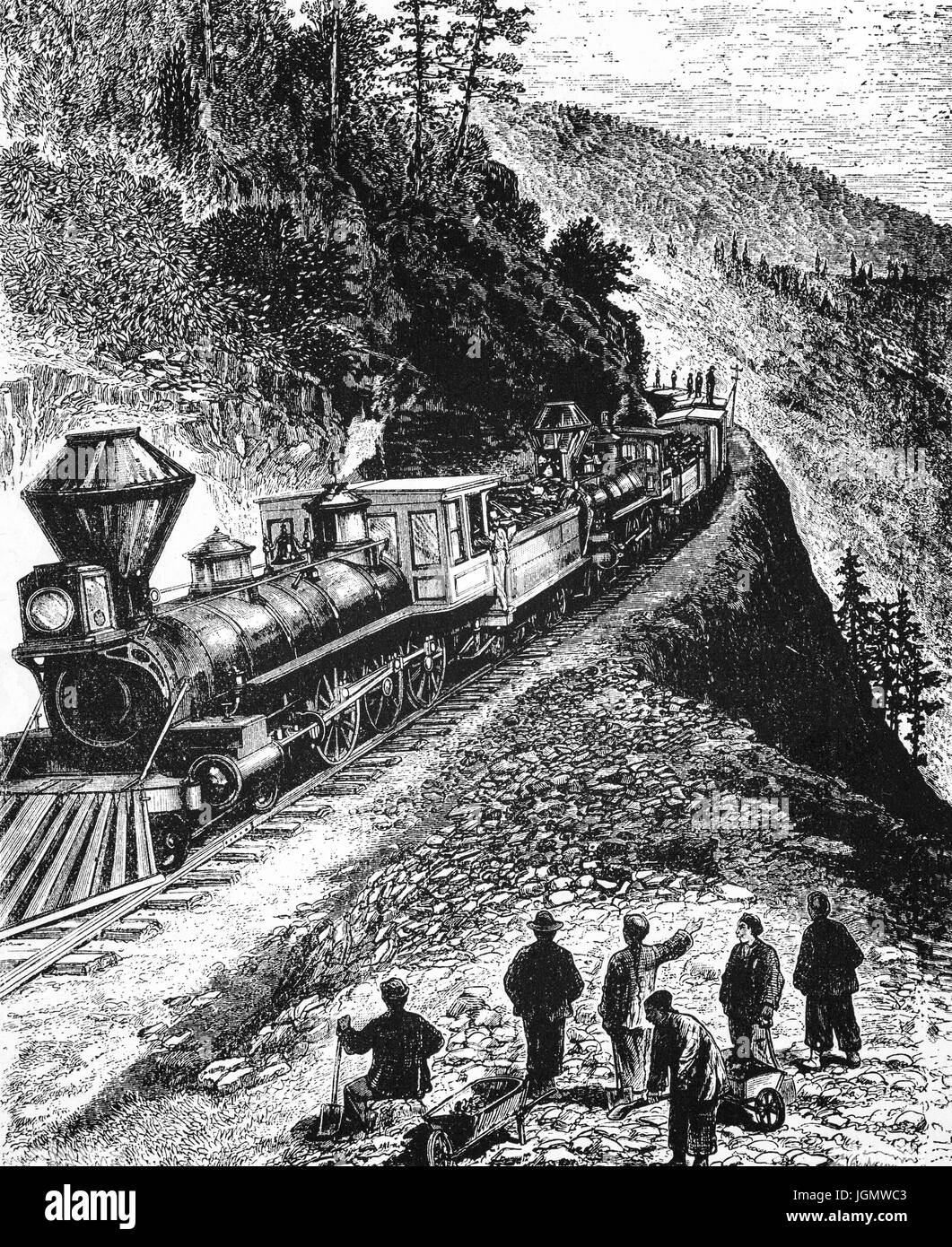 1879: A double steam locomotive passing Chinese Railway workers on the ...