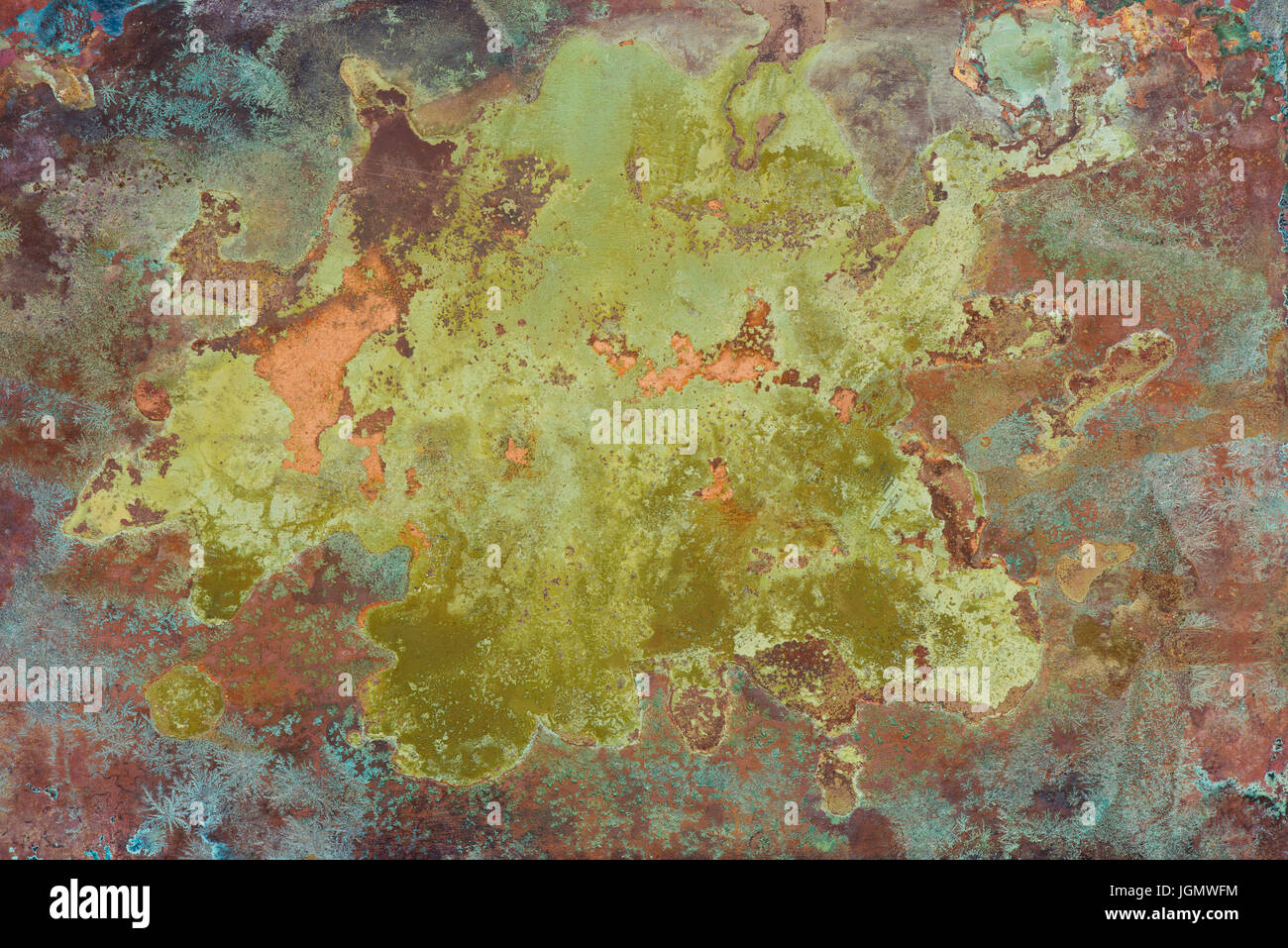 Aged copper plate texture with green patina stains. Old worn metal ...