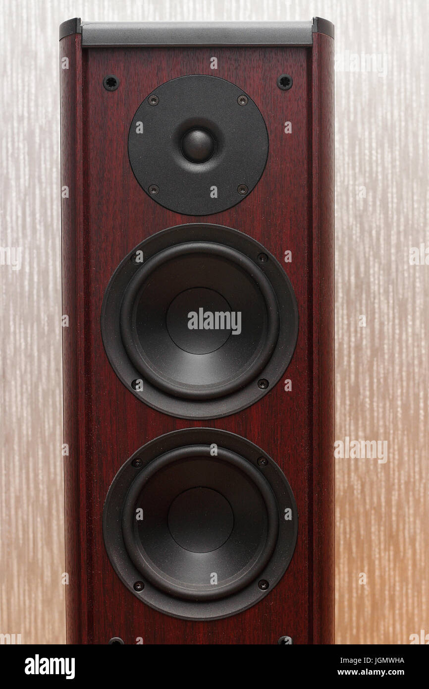 Acoustic wooden sound system with three speakers on the gray background ...
