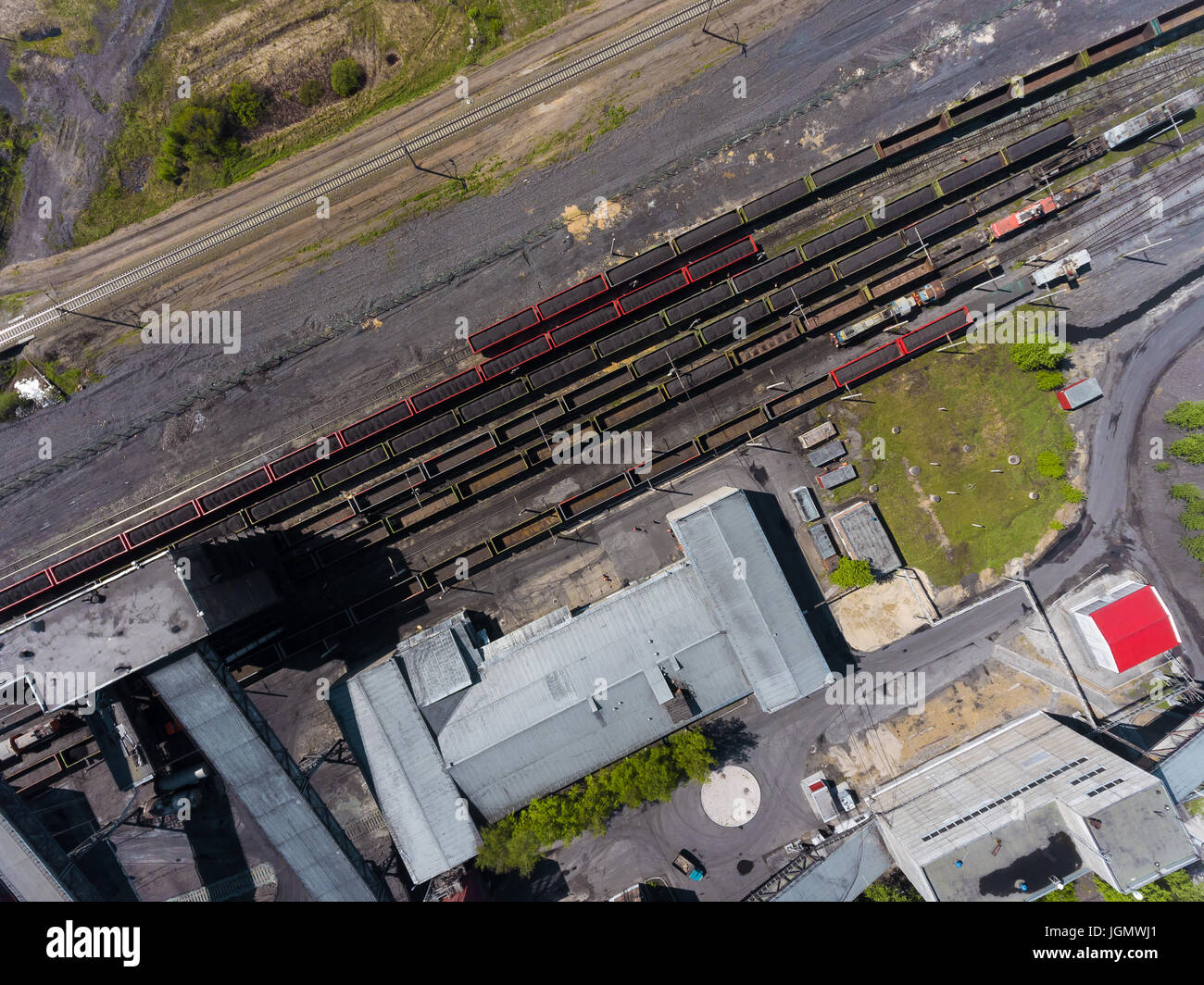 Panorama aerial view shot on railroad tracks with wagons Stock Photo ...