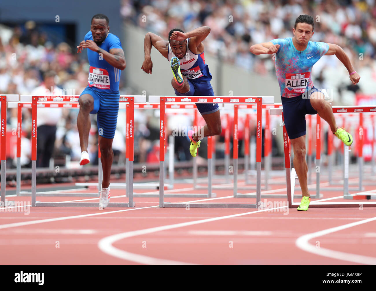 Great Britain's David Omoregie (centre) competes in the 110m Hurdles ...