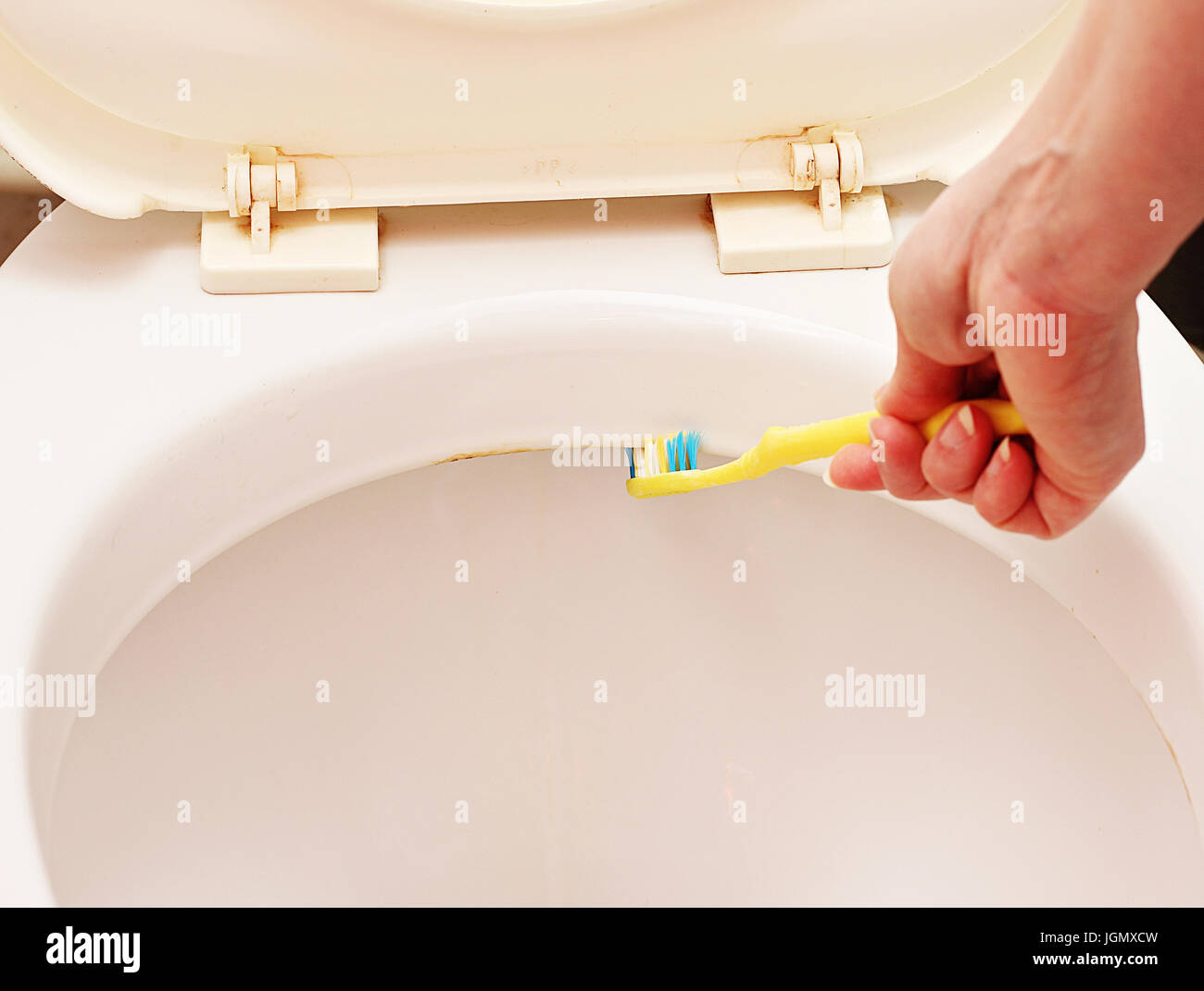 Very thorough cleaning toilets use a toothbrush Stock Photo - Alamy