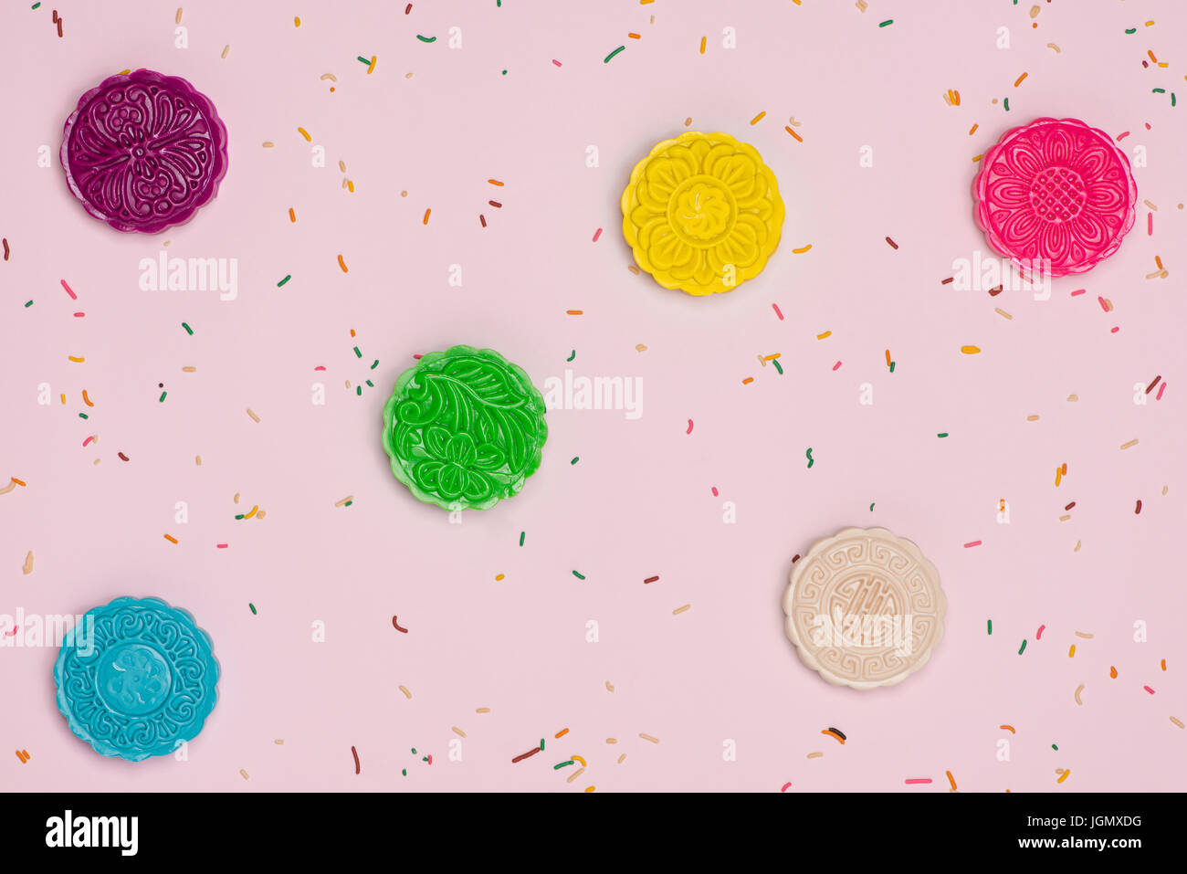 Table party setting. Traditional mid autumn festival colorful mooncakes ...