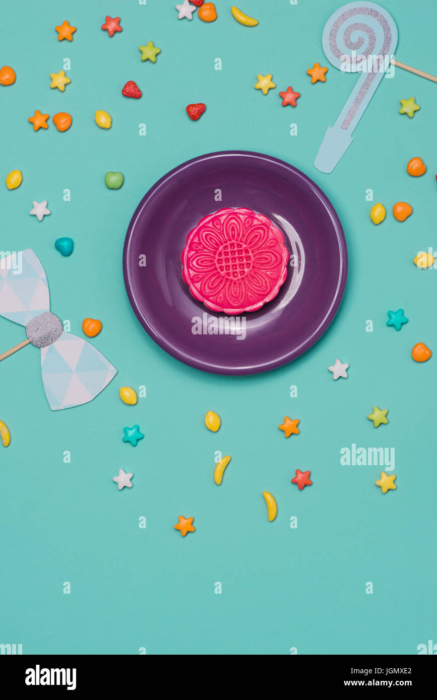 Table party setting. Traditional mid autumn festival colorful mooncakes ...