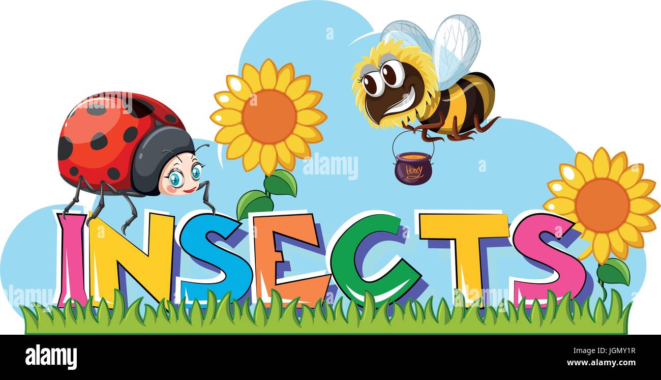 Word insects with ladybug and bee in background illustration Stock ...