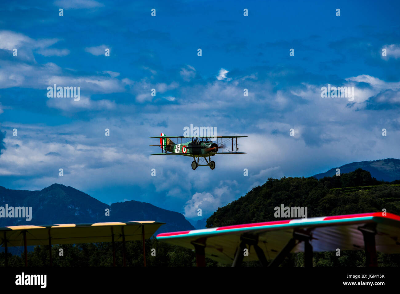 Flying biplane Spad S XIII replica from first world war between the ...