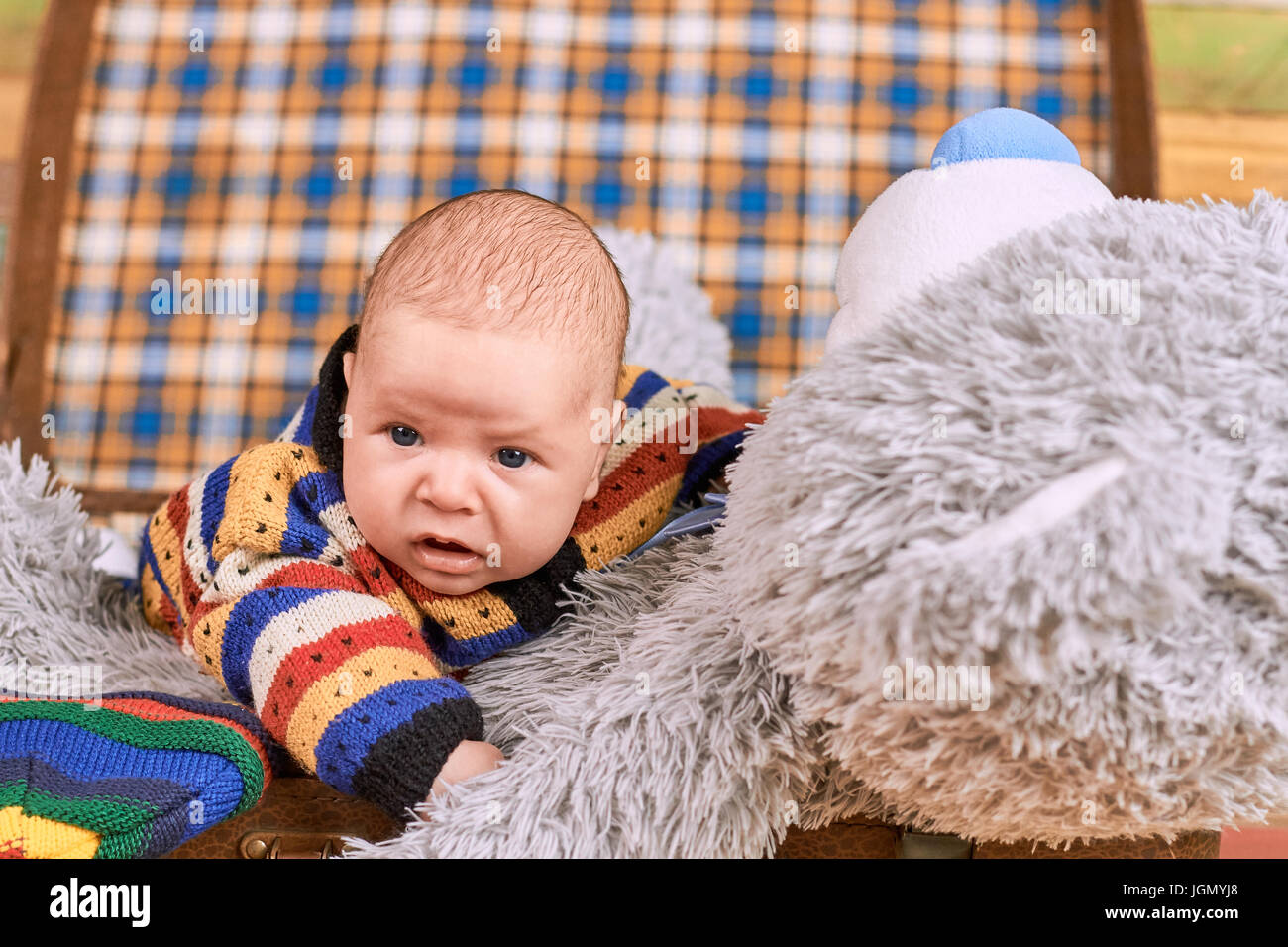 Little kid with teddy bear. Infant and soft toy. Play and child ...
