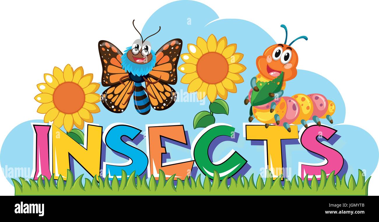 Wordcard for insects with butterfly and caterpillar illustration Stock ...