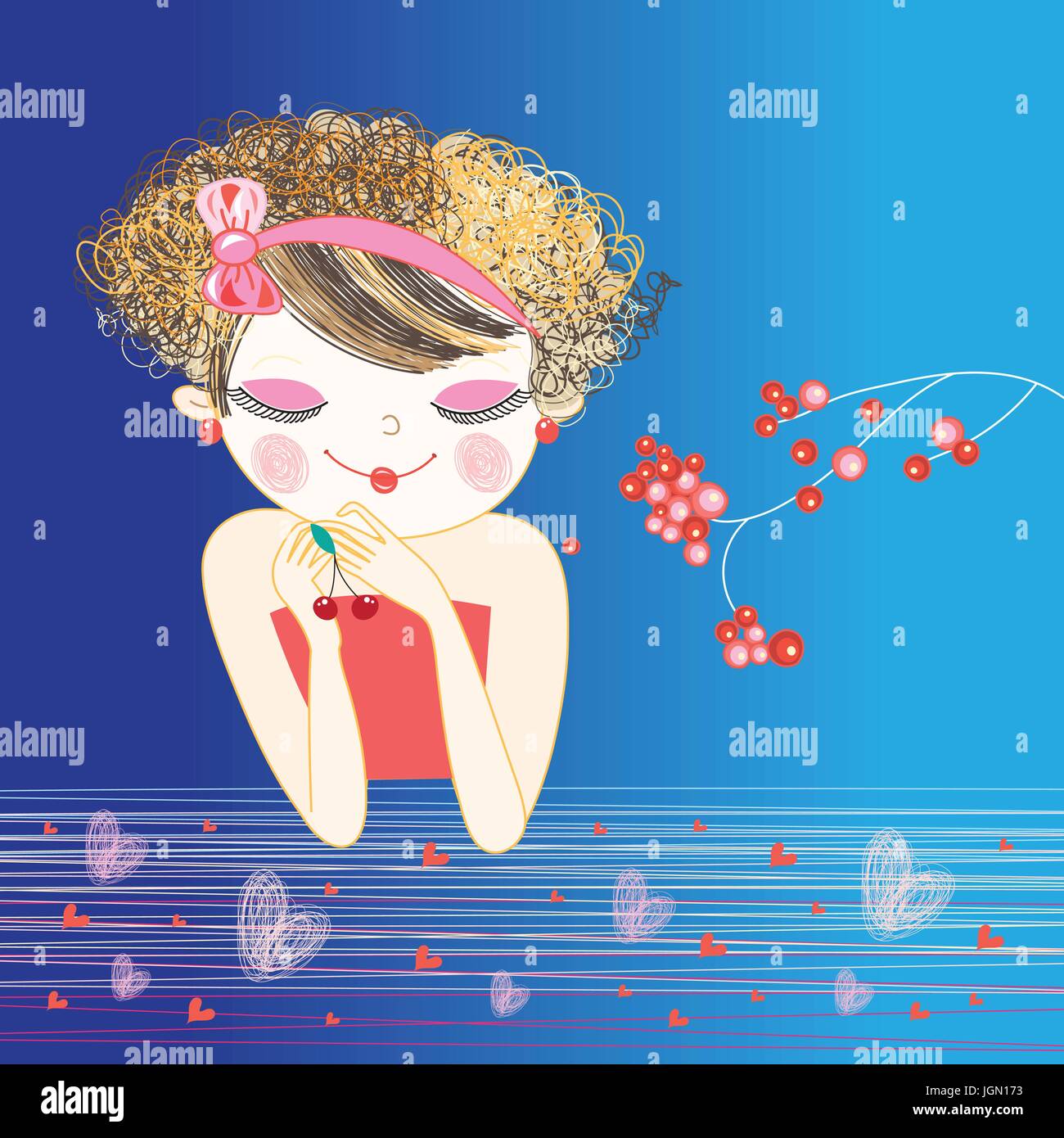 Vector portrait of enamored beautiful girl on blue background with ...