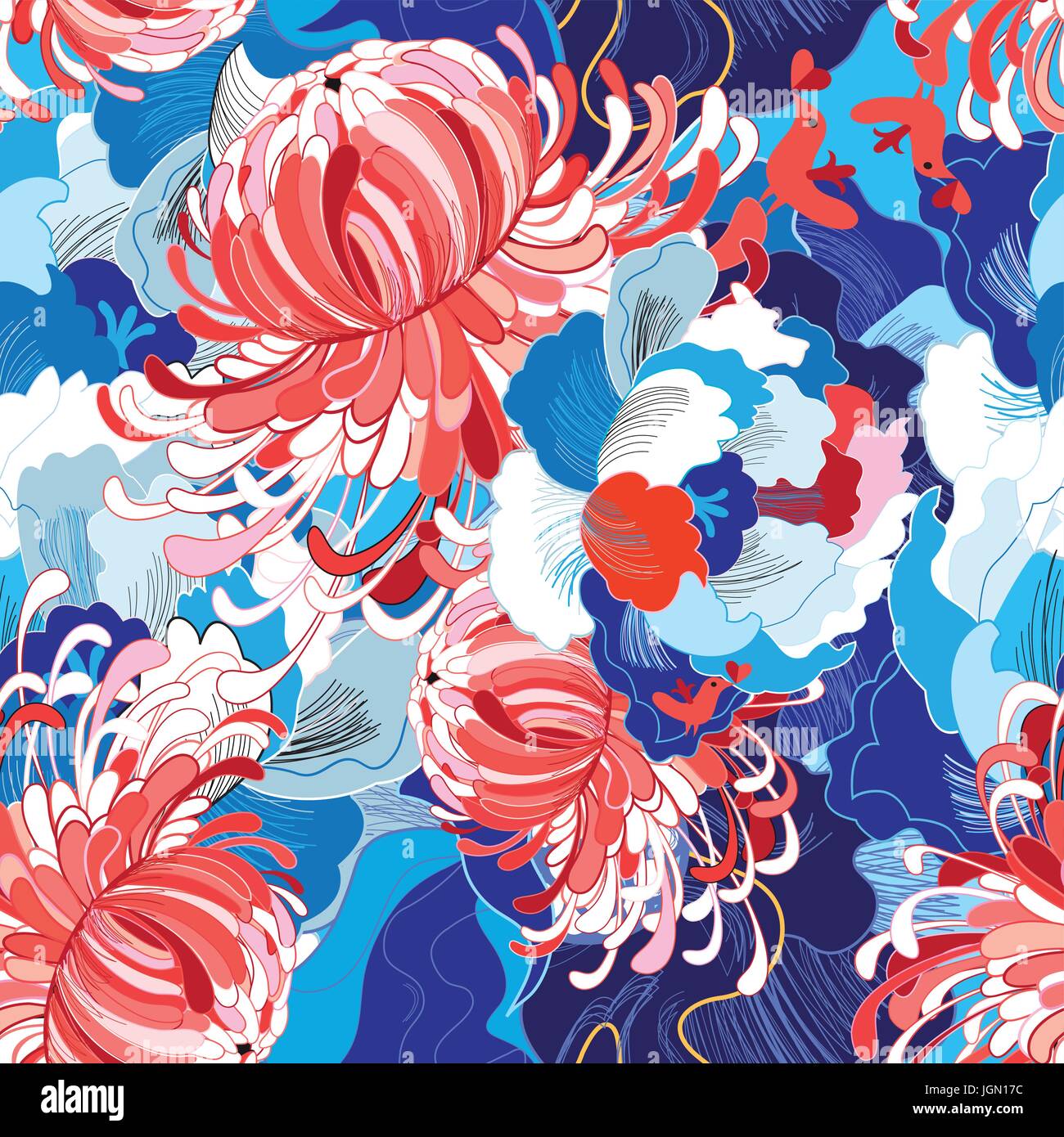 Seamless bright summer pattern with different flowers blue and red ...