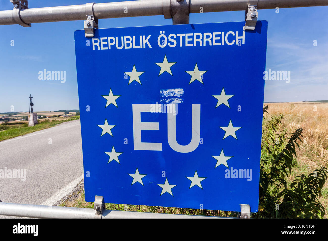 Signaling traffic signs for drivers enter the territory of Austria, the ...