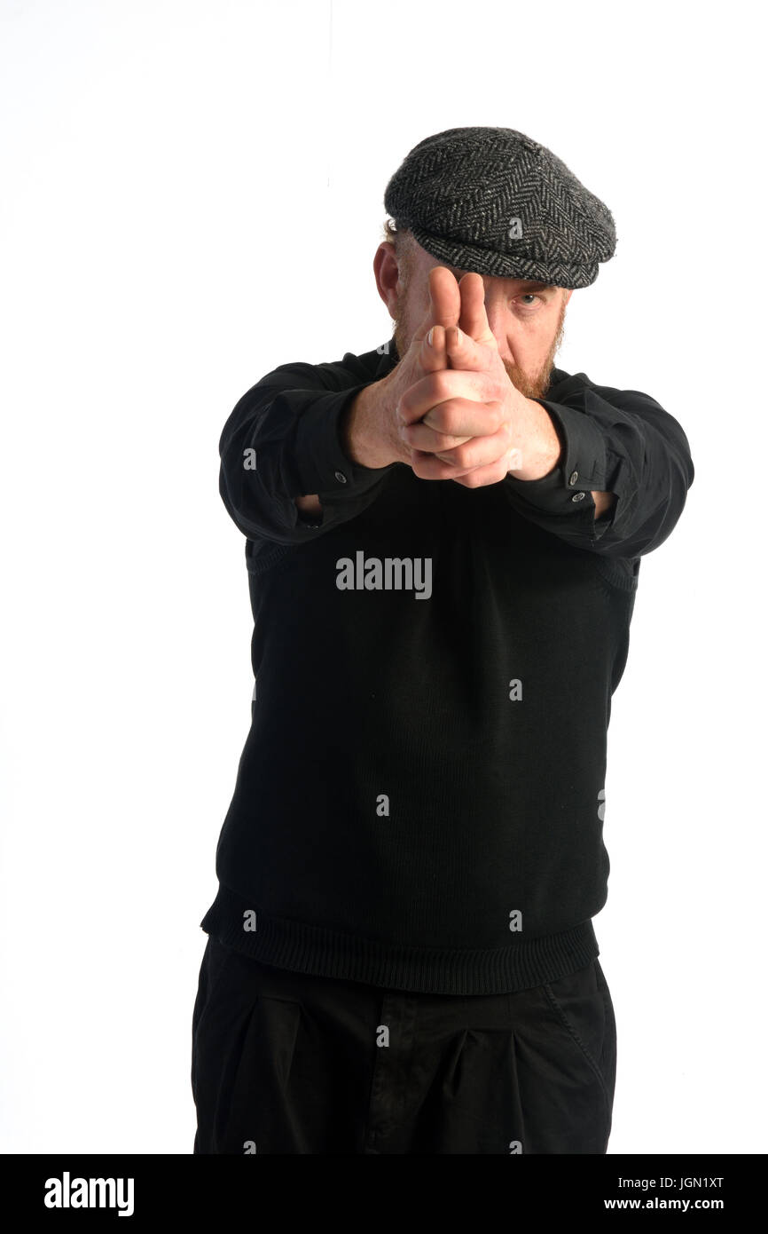 Man with gun sign on white background Stock Photo - Alamy