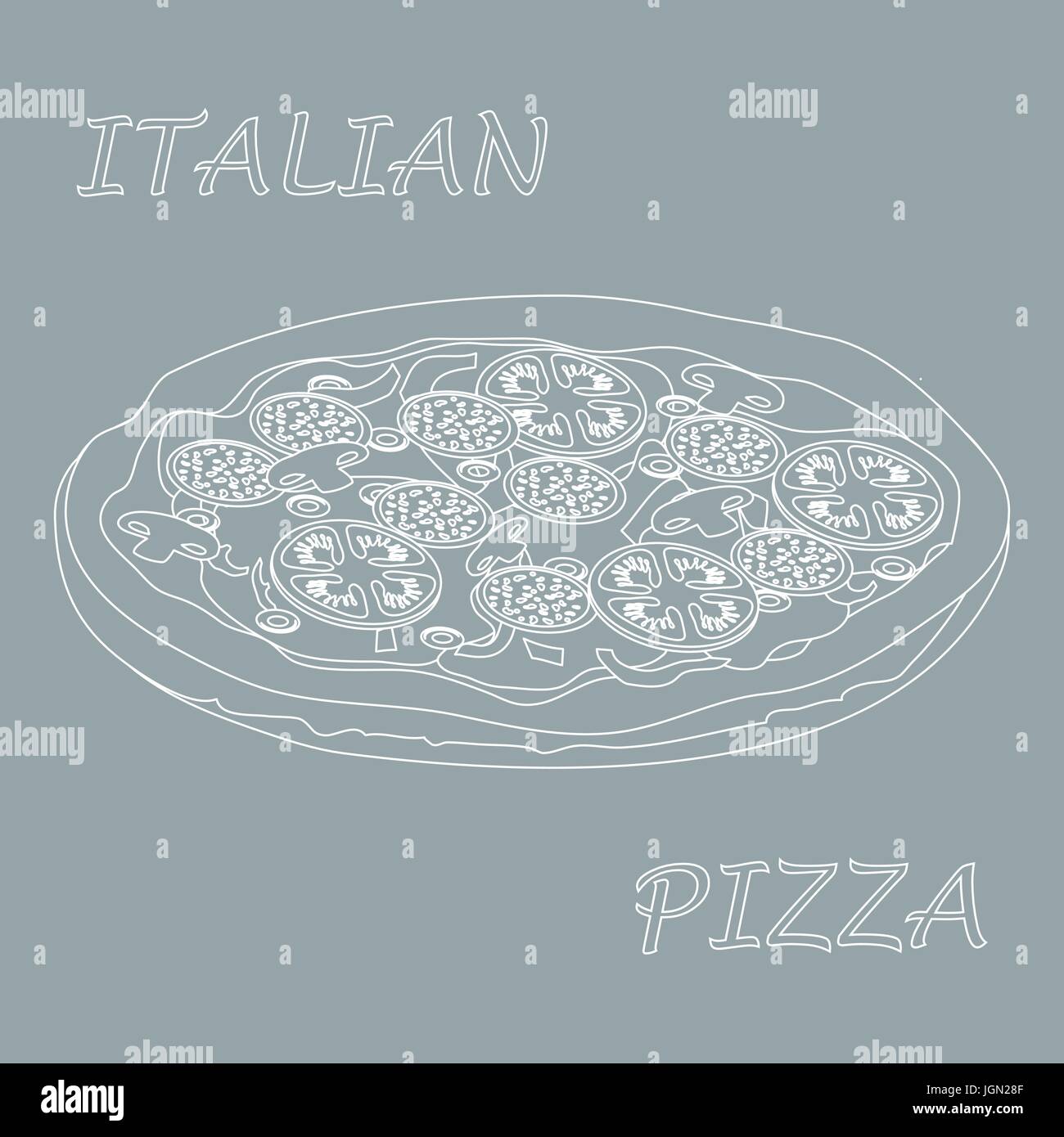 Nice illustration of tasty, appetizing pizza with inscriptions on a ...
