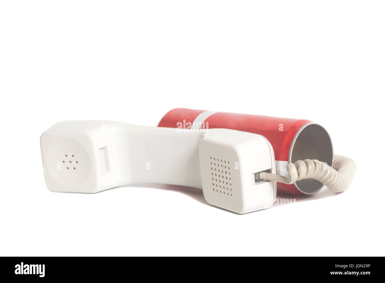 Tin can phone with handset isolated on white background Stock Photo - Alamy