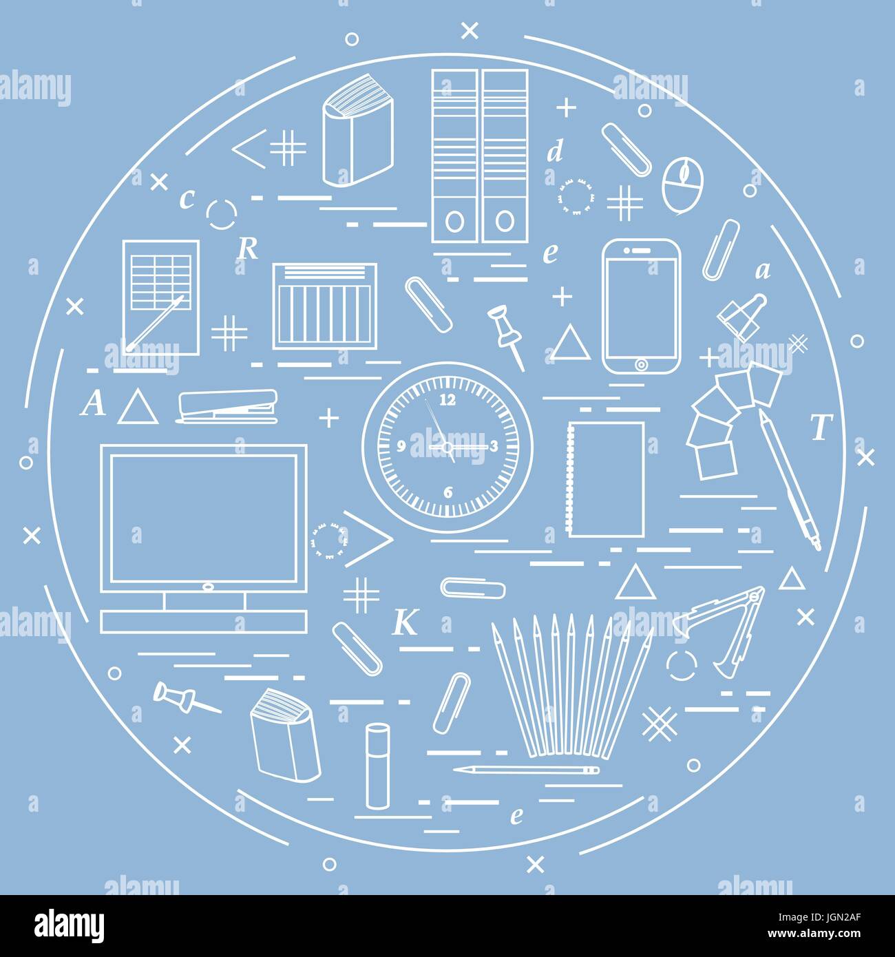 Set of different office objects arranged in a circle. Including icons ...