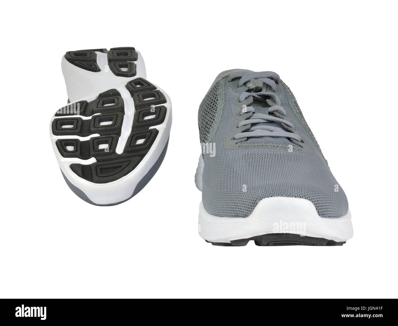 Pair of gray sneakers, front and bottom view on white background Stock ...
