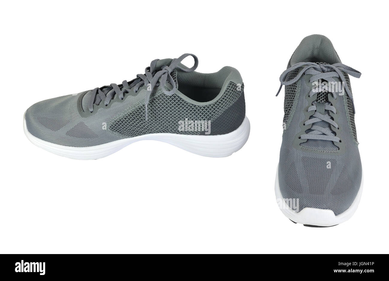 Two gray sneakers, front view and side view isolated on white ...