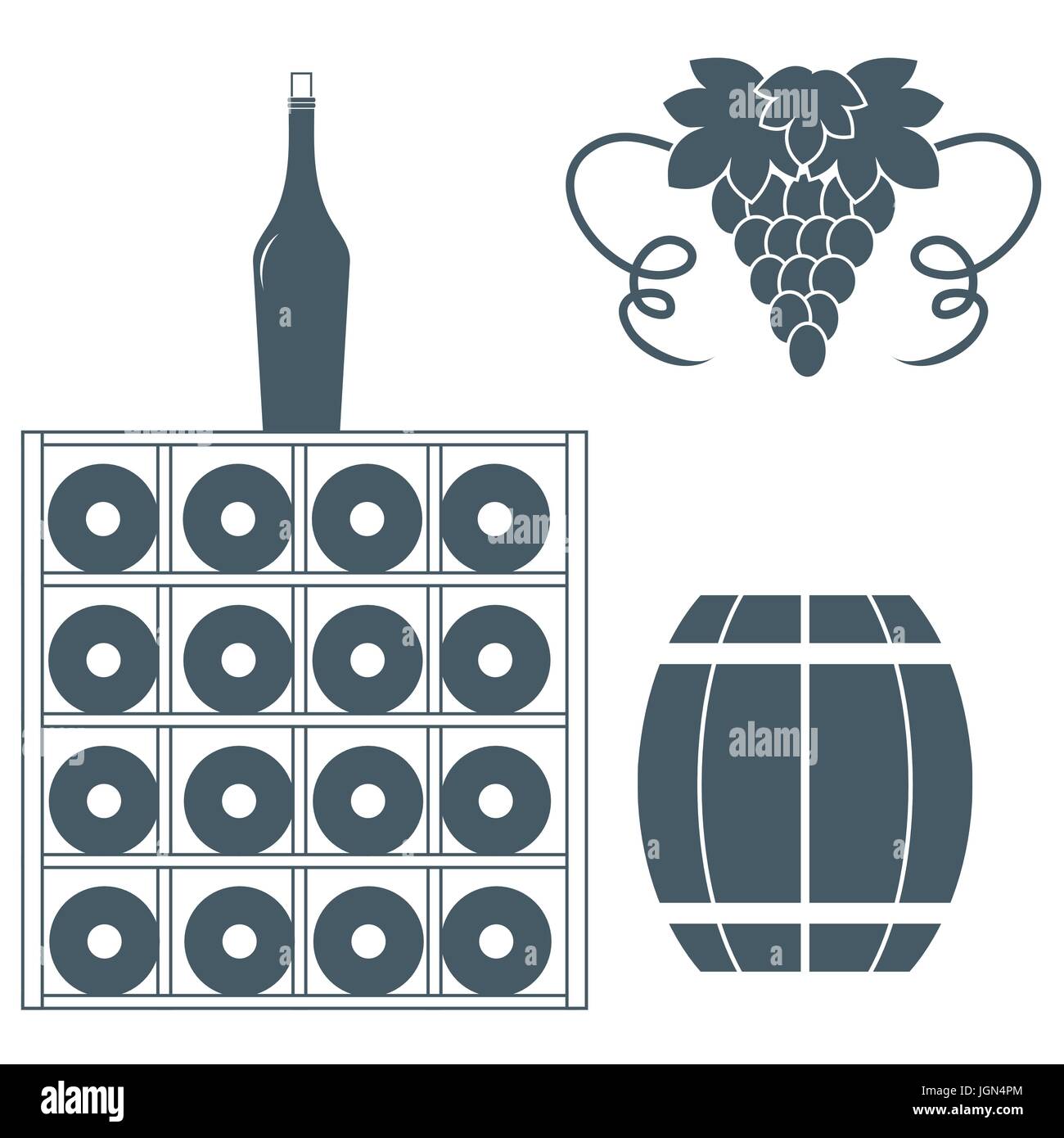 Stylized icon of a colored wine rack, bottles of wine, bunch of grapes ...
