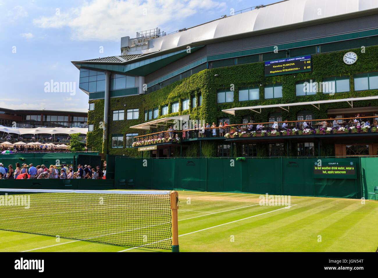 Centre Court, seen from Court 6, at the Wimbledon Tennis Championships ...