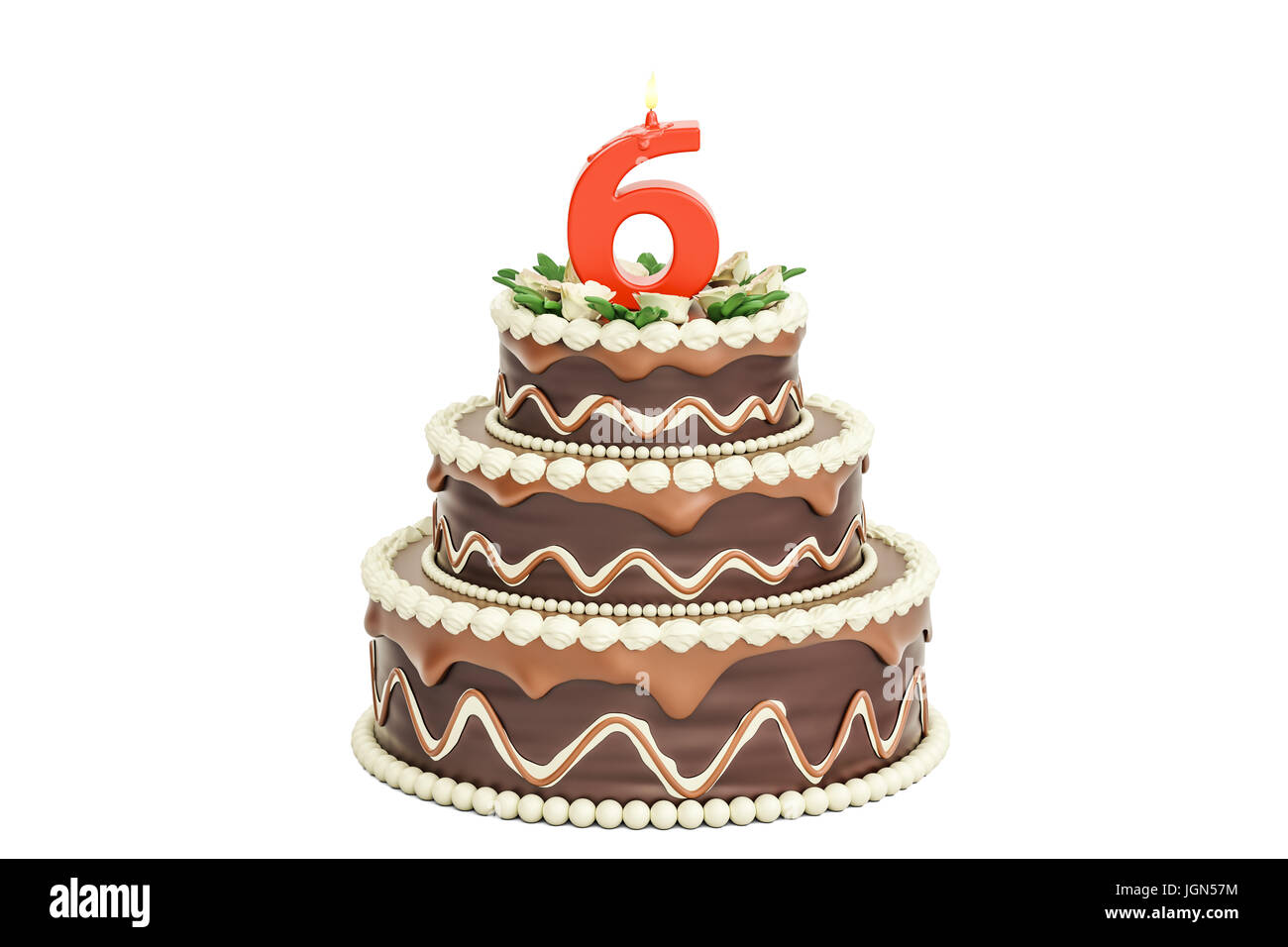 Chocolate Birthday cake with candle number 6, 3D rendering isolated on ...
