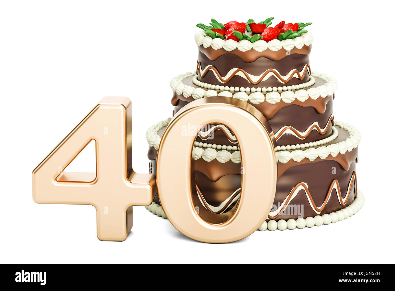 Chocolate Birthday cake with golden number 40, 3D rendering isolated on ...