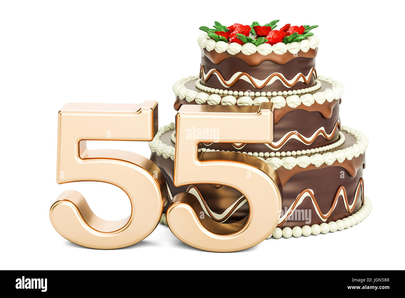 Chocolate Birthday cake with golden number 55, 3D rendering isolated on ...
