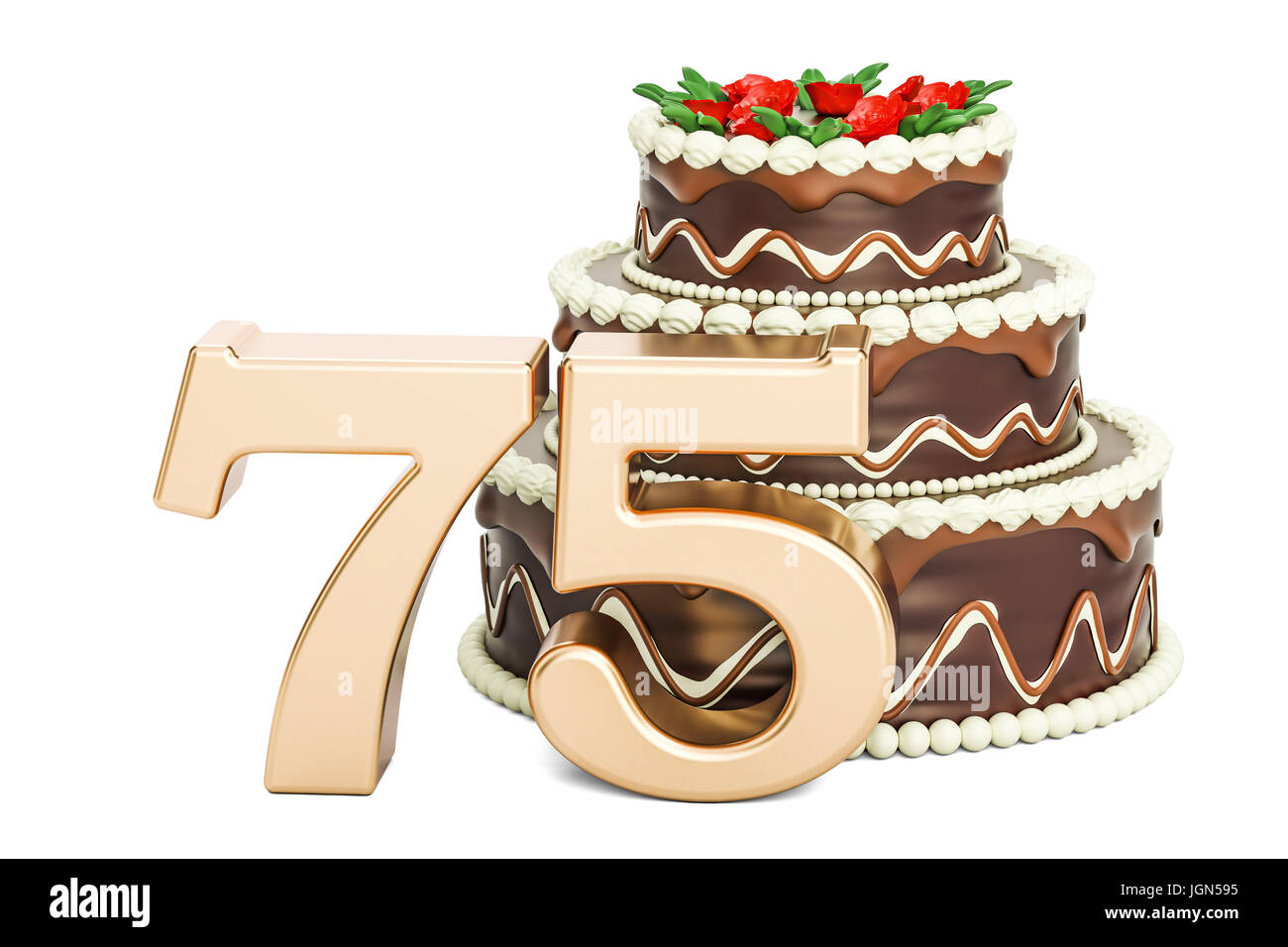 Chocolate Birthday cake with golden number 75, 3D rendering isolated on ...