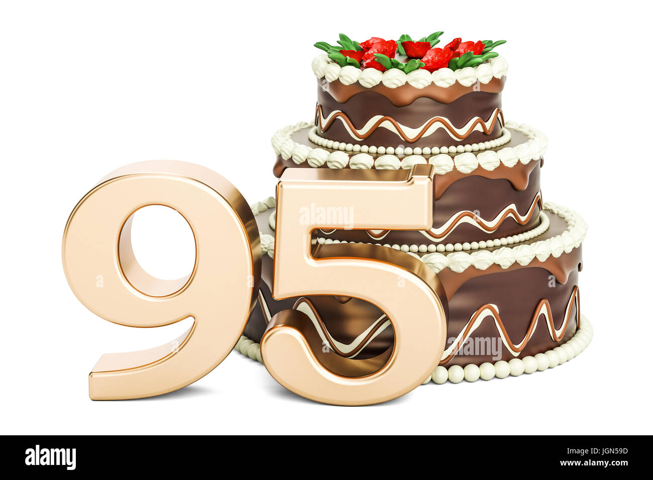 Chocolate Birthday cake with golden number 95, 3D rendering isolated on ...