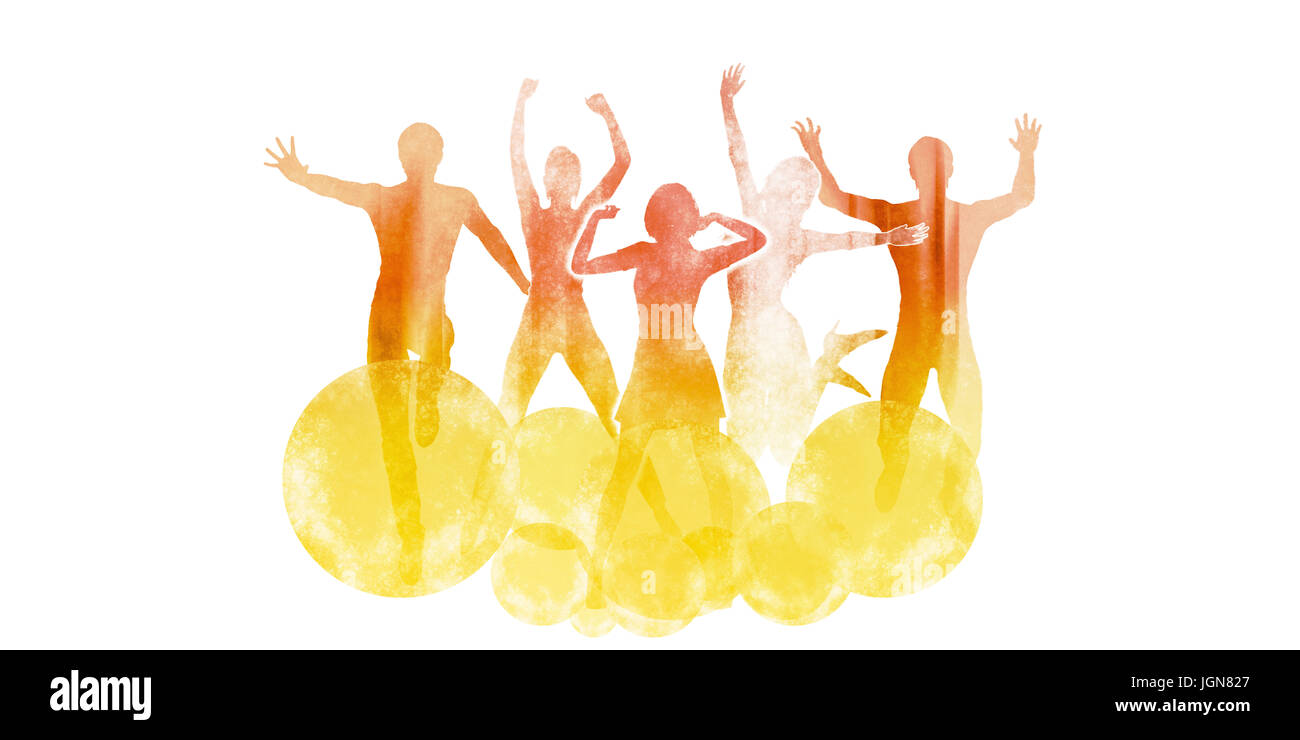 Group of Friends Jumping for Joy in Watercolor Paint Stock Photo - Alamy