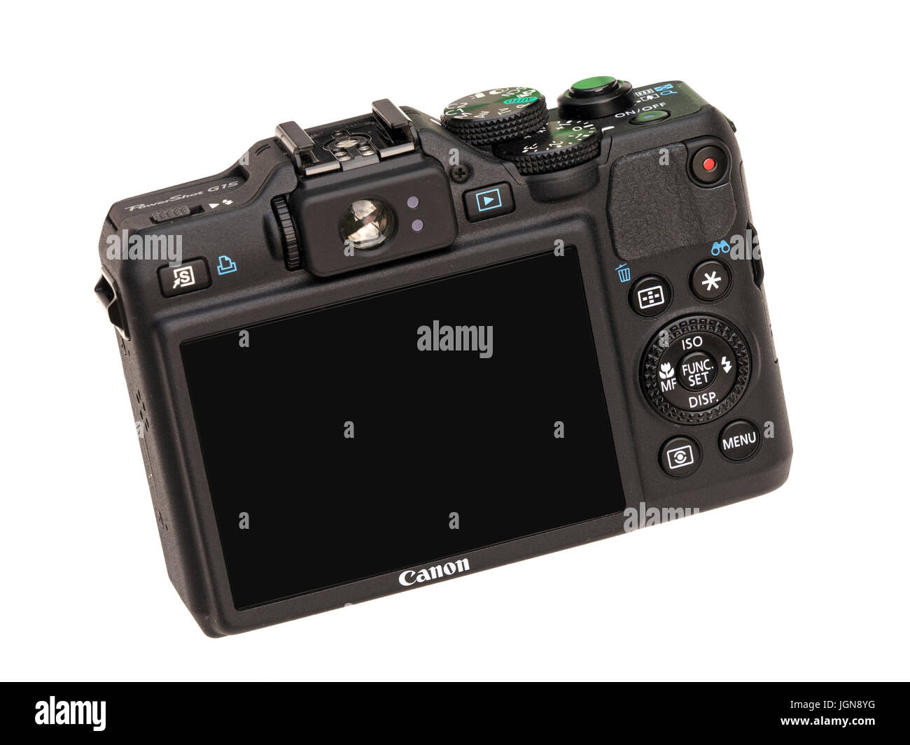 Rear view of Canon Powershot G15 compact digital camera on white ...