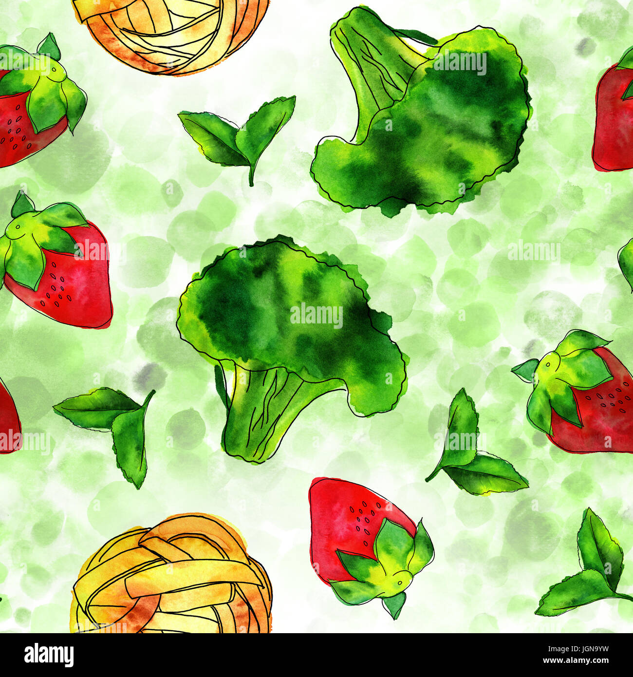 Seamless pattern of watercolour vegan food themed drawings Stock Photo ...