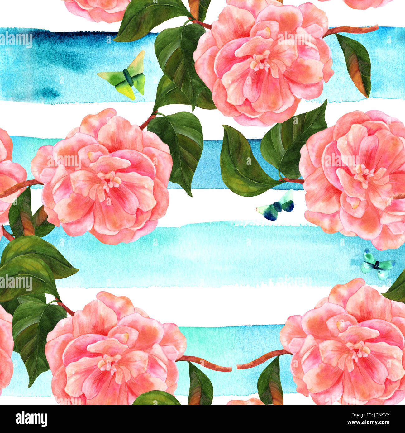 Seamless pattern, watercolor camellias and butterflies on blue s Stock ...