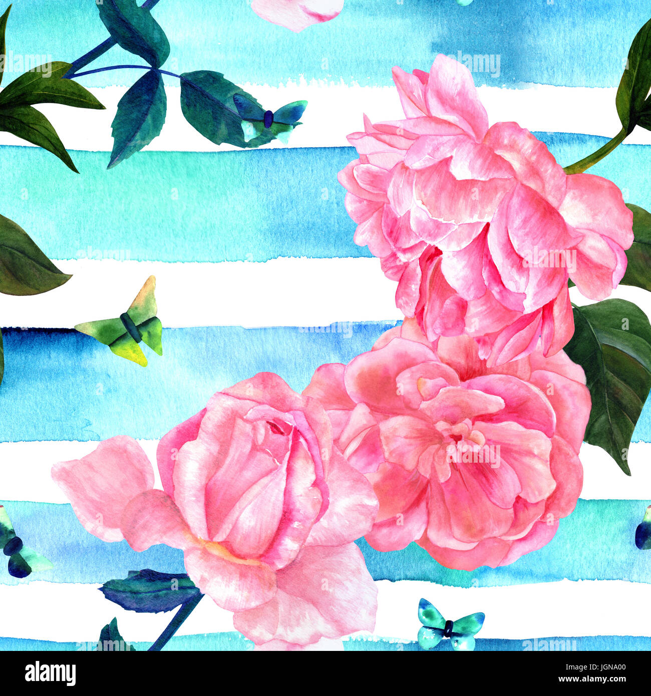 Seamless teal pattern with watercolor roses and butterflies Stock Photo ...