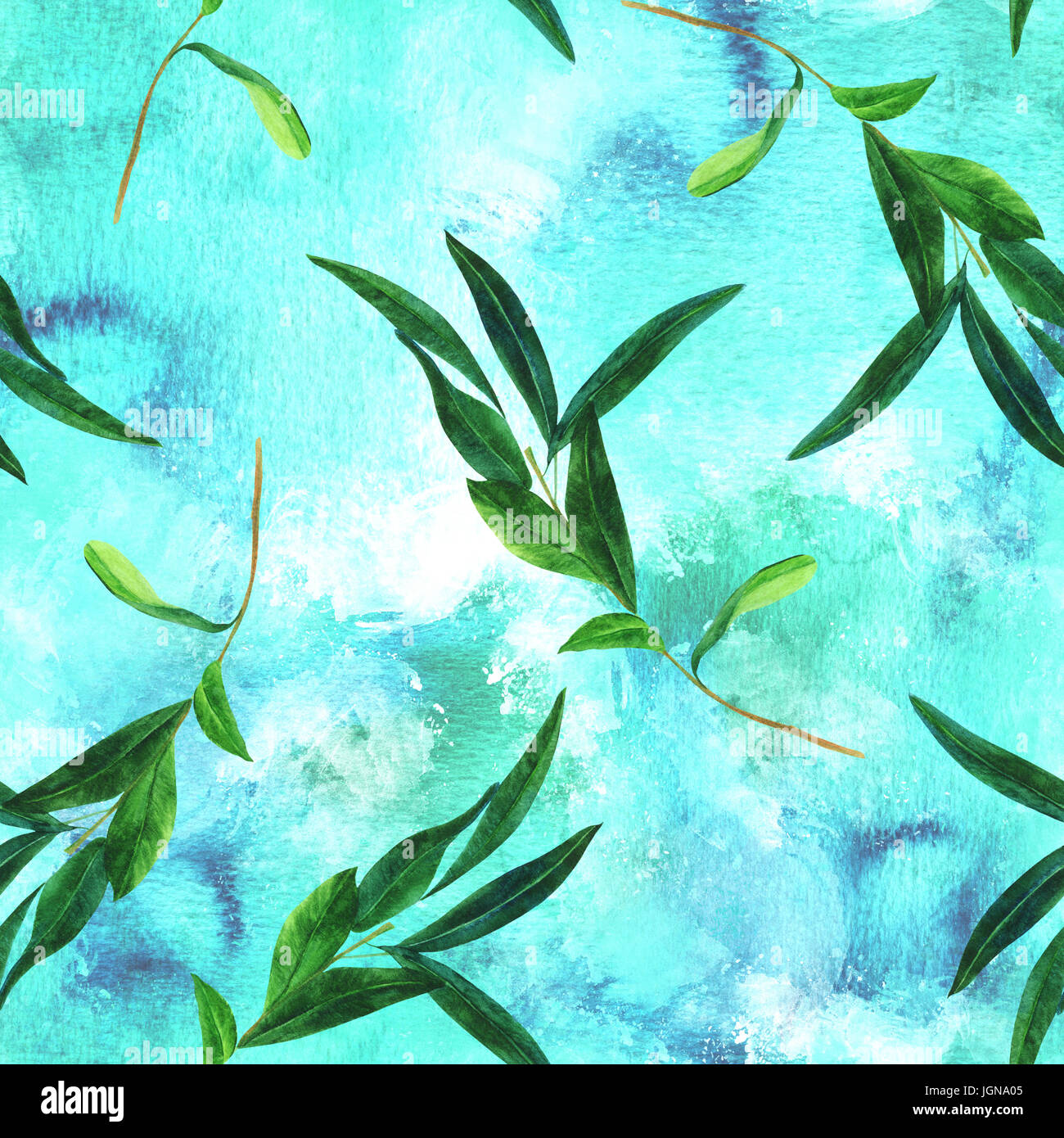 Seamless pattern with watercolor olive branch on blue Stock Photo - Alamy