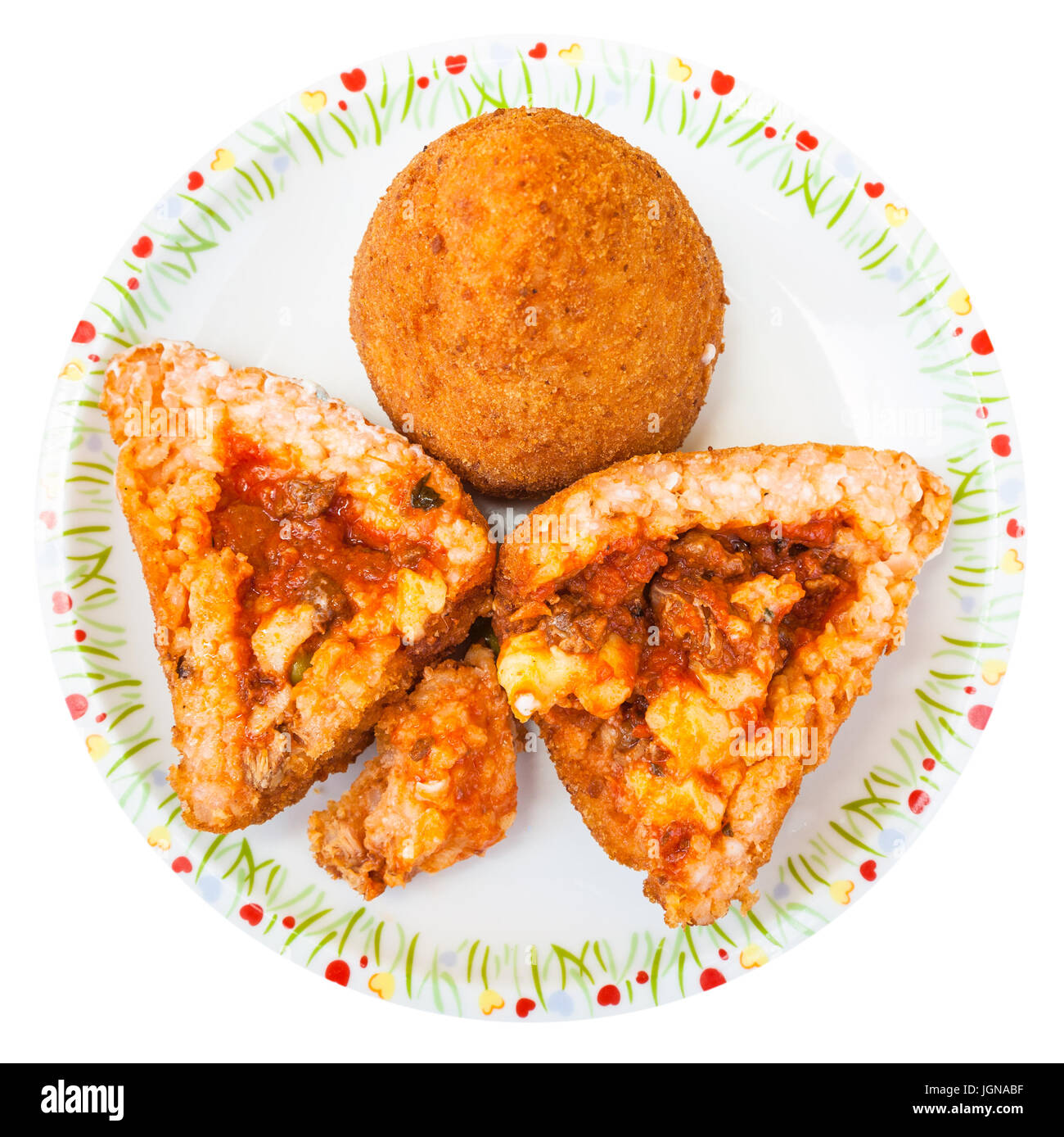 traditional sicilian street food - top view of meat ragu stuffed rice ...