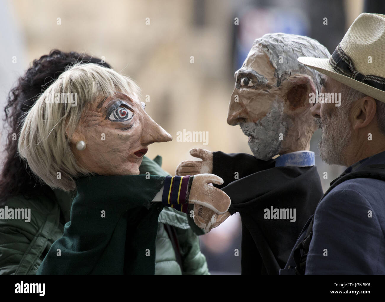 Theresa May and Jeremy Corbyn puppets on show in London on the U.K ...