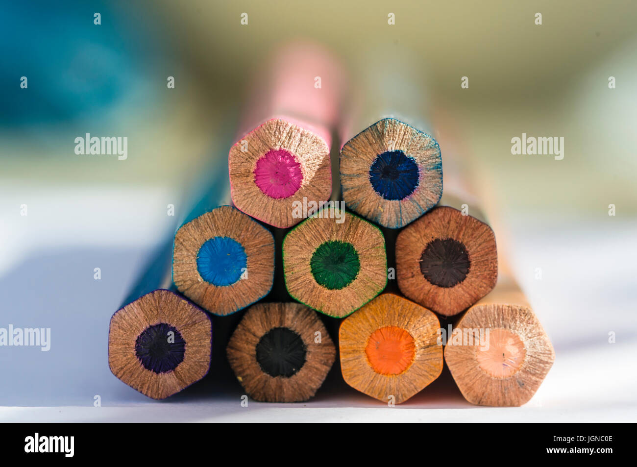 Close up of stacked color pencils in shallow focus Stock Photo - Alamy