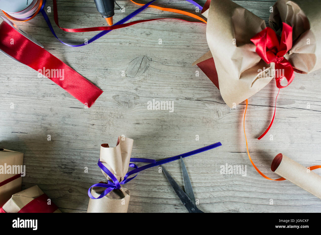 Present wrapping materials background close up Stock Photo - Alamy