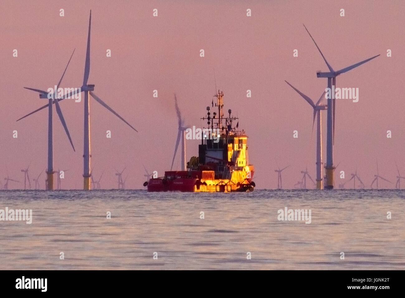 The Burbo Bank Offshore Wind Farm Crosby, Merseyside, UK. Sunset over ...