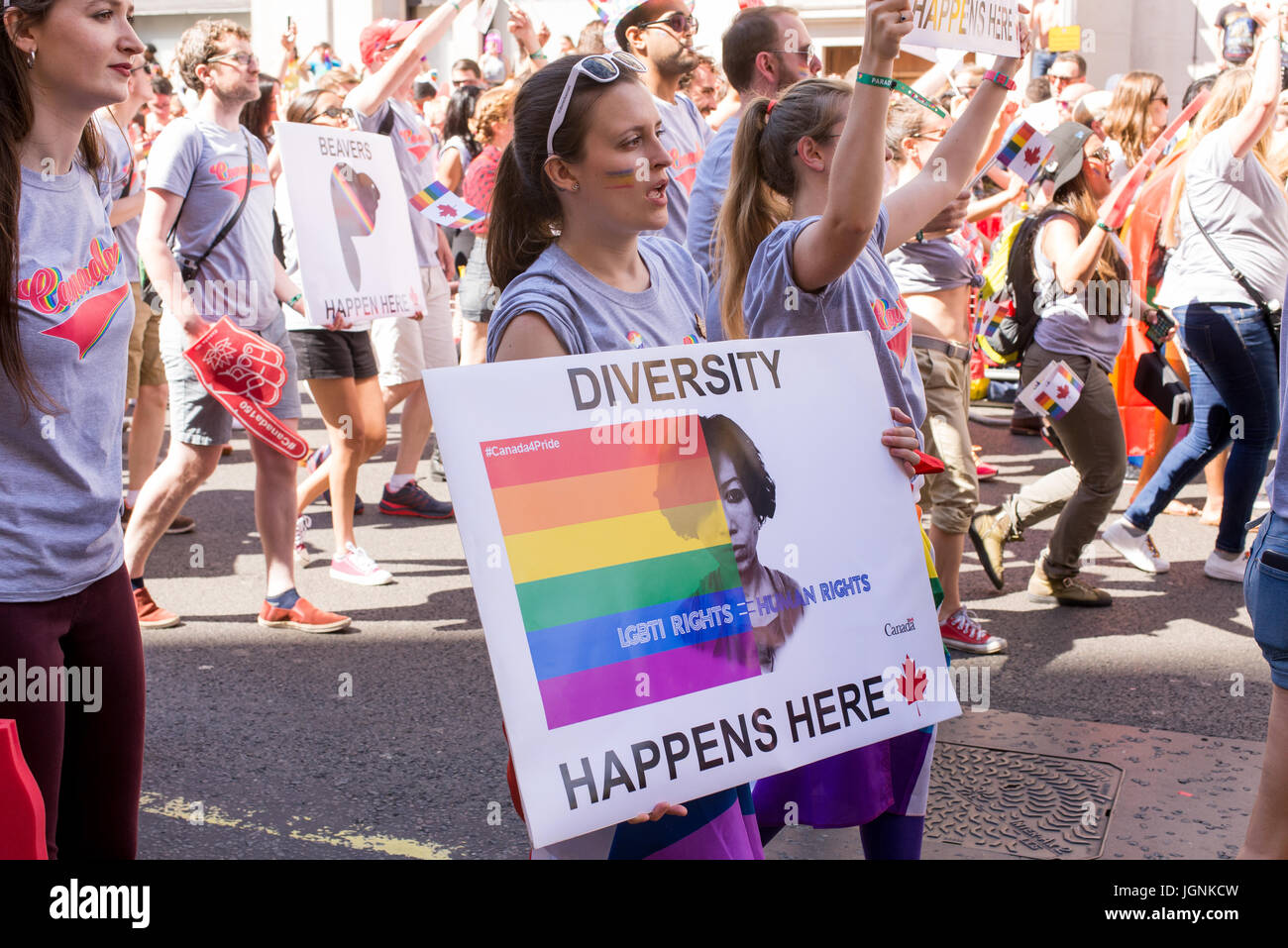 London, UK. 8th July, 2017. Women holding pro diversity protest sign ...